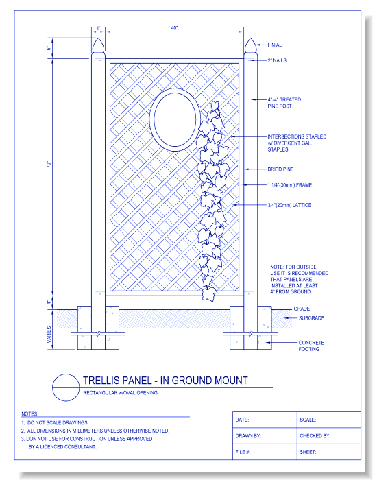 Trellis Panel - In Ground Mount - Rectangular w/ Oval Opening - CADdetails