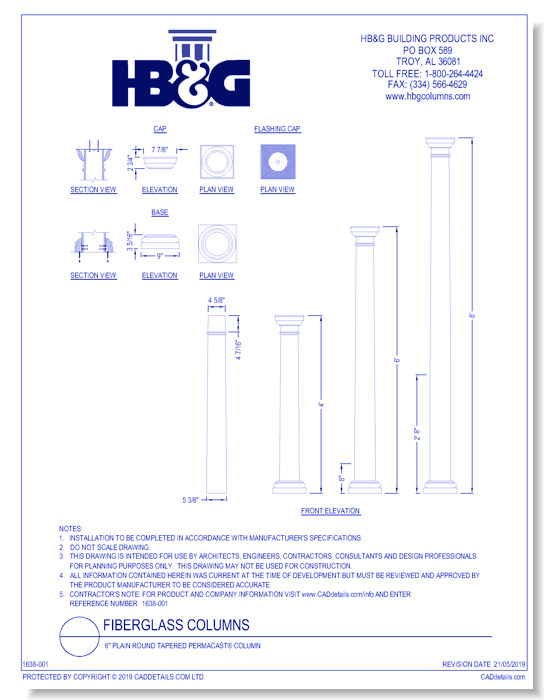 6" Plain Round Tapered PermaCast® Column - CADdetails