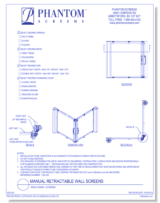 Manual Retractable Wall Screens: Open Corner - Extended - CADdetails