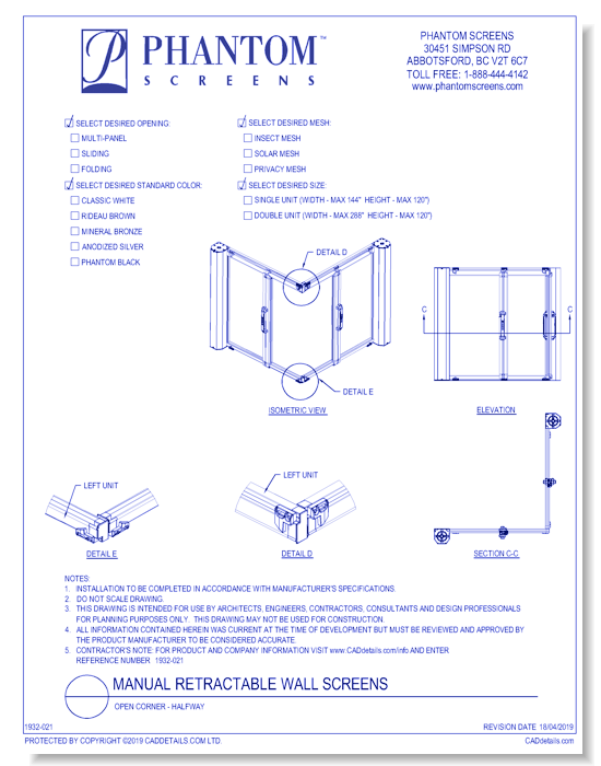 Manual Retractable Wall Screens: Open Corner - Halfway - CADdetails