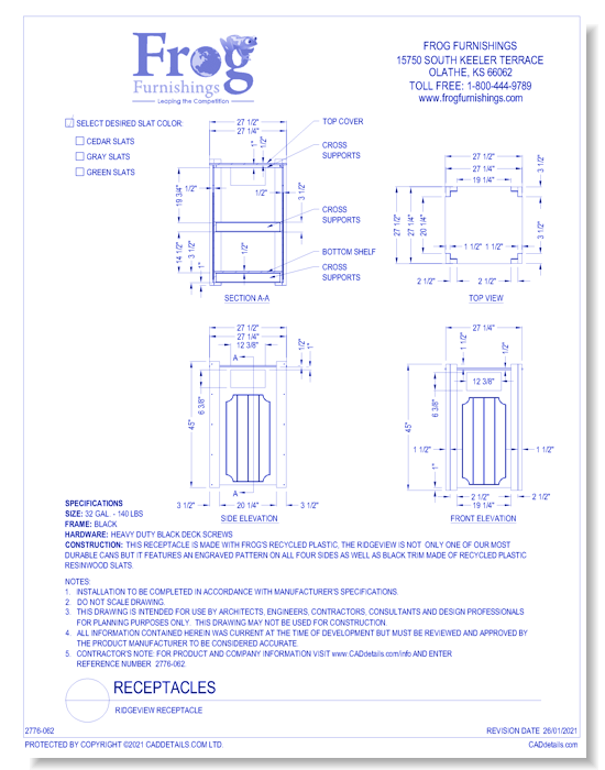 Ridgeview Receptacle - Frog Furnishings - CADdetails