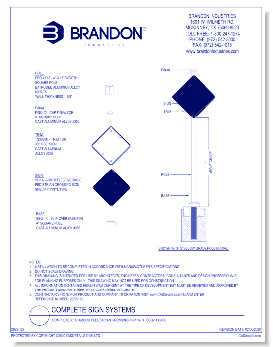 Complete 30" Diamond Pedestrian Crossing Sign with SBQ-14 Base - CADdetails