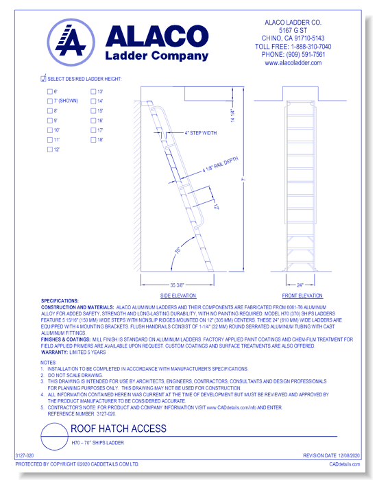 Roof Hatch Access: H70 – 70° Ships Ladder - CADdetails