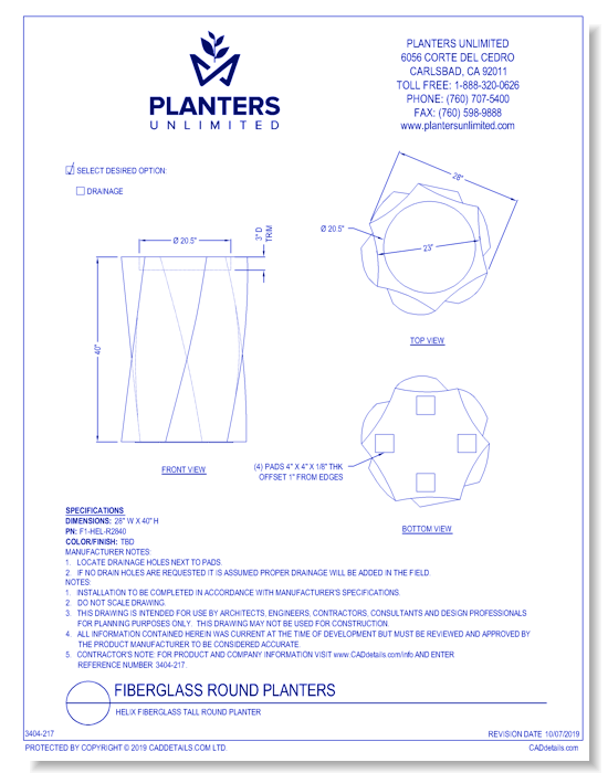 Helix Fiberglass Tall Round Planter - Planters Unlimited - CADdetails
