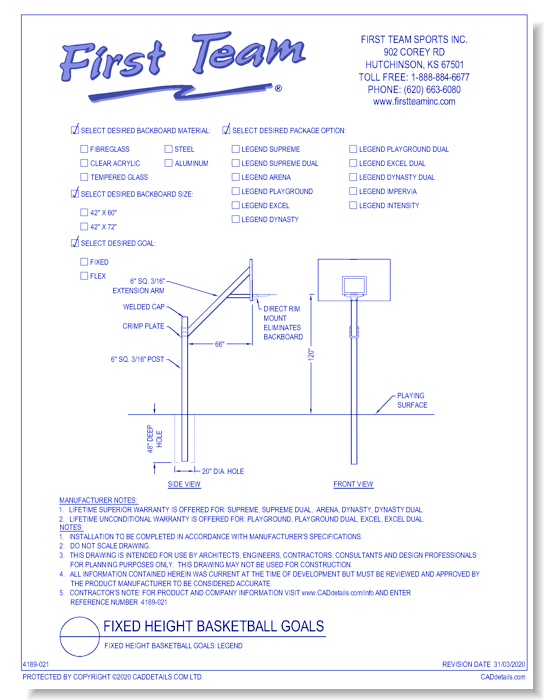 Fixed Height Basketball Goals: Legend - CADdetails