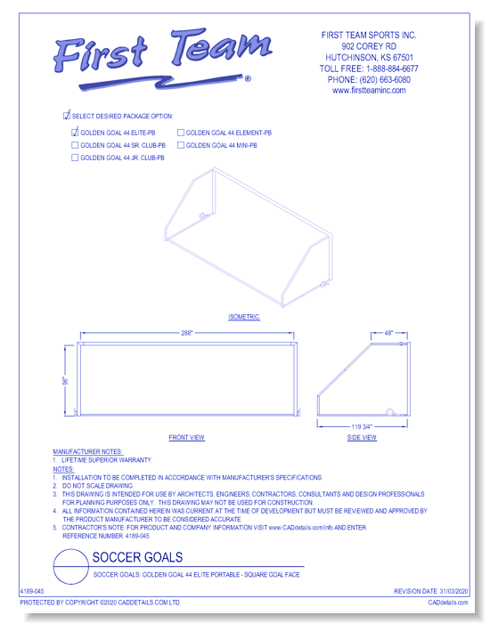 Soccer Goals: Golden Goal 44 Elite Portable - Square Goal Face - CADdetails