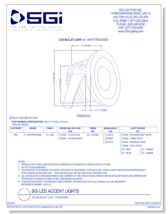 SGi LED Bullet Light: 1W Recessed - SGi Lighting Inc. - CADdetails