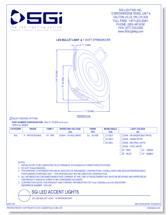 SGi LED Bullet Light: 1W SpringMount - SGi Lighting Inc. - CADdetails