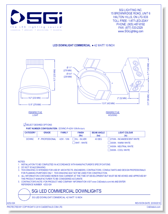 SGi LED Downlight Commercial: 42 Watt 10 Inch - CADdetails