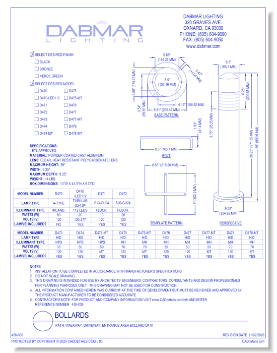 Path, Walkway, Driveway, Entrance Area Bollard D470 - CADdetails