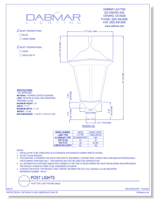 Post Top Light Fixture GM225 - Dabmar Lighting - CADdetails