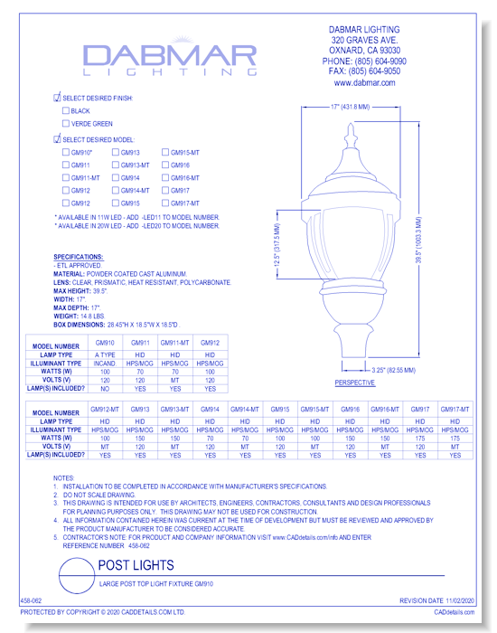 Large Post Top Light Fixture GM910 - Dabmar Lighting - CADdetails