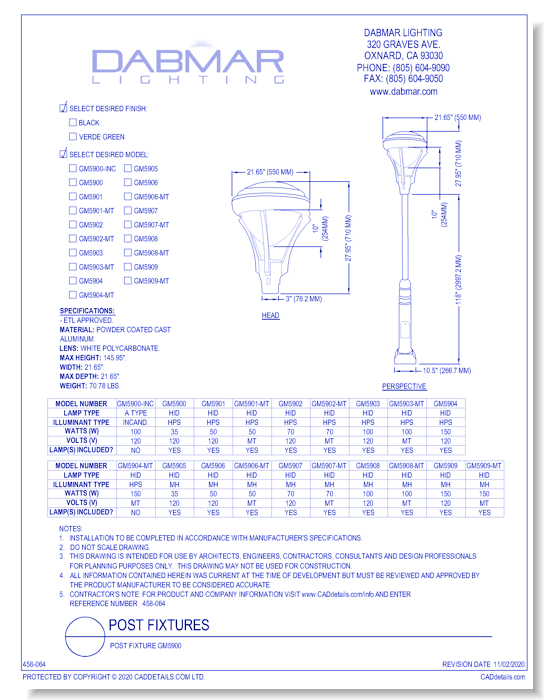 Post Fixture GM5900 - Dabmar Lighting - CADdetails