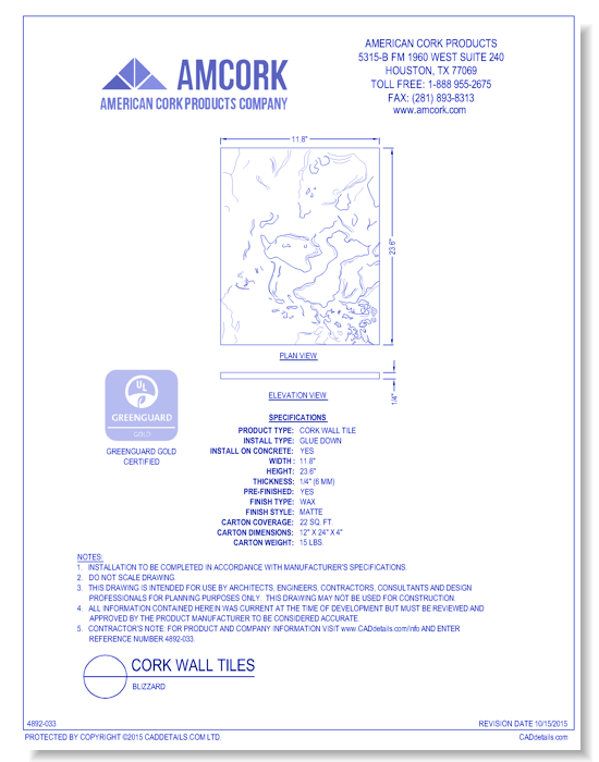 Cork Wall Tiles: Blizzard - American Cork Products - CADdetails