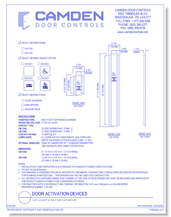 CM-75: Column™ 36" and 9" Push Plate Switches - CADdetails