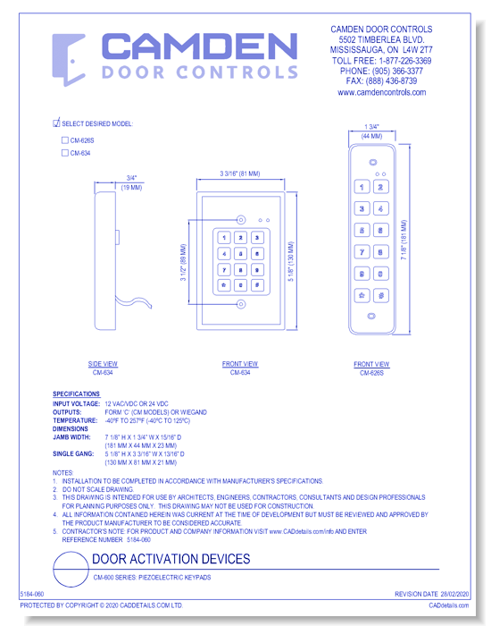 CM-600 Series: Piezoelectric Keypads - CADdetails