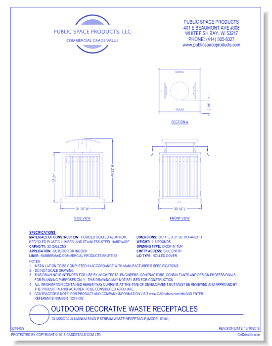 Classic 32 Aluminum Single Stream Waste Receptacle - CADdetails