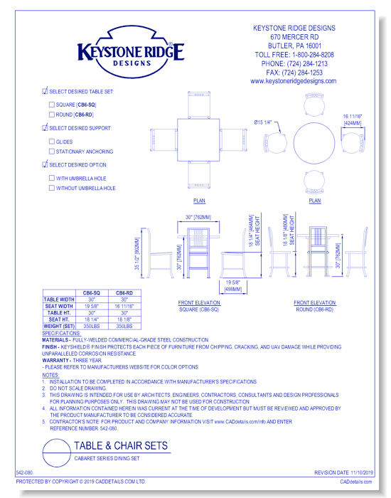 Cabaret Series Dining Set - Keystone Ridge Designs - CADdetails