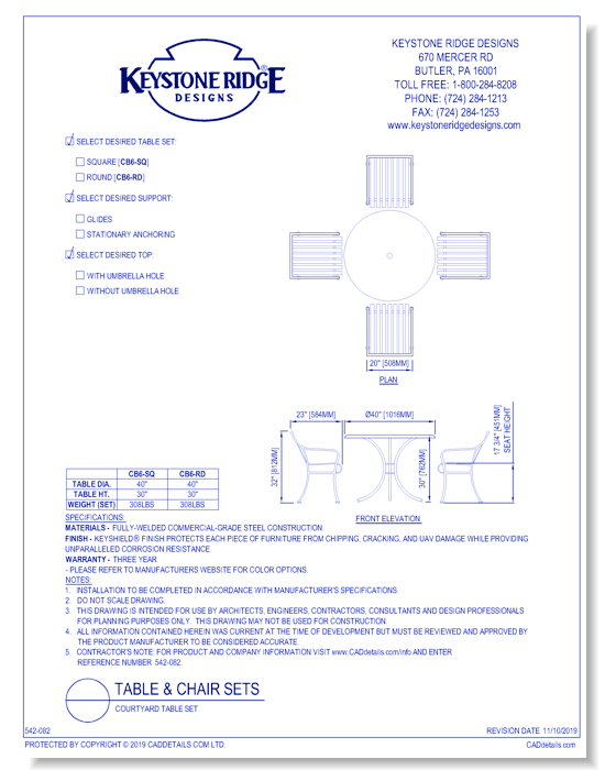 Courtyard Tables & Chairs - Keystone Ridge Designs - CADdetails