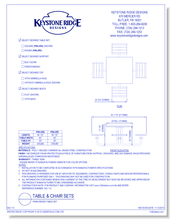 Penn Series Table Set - Keystone Ridge Designs - CADdetails