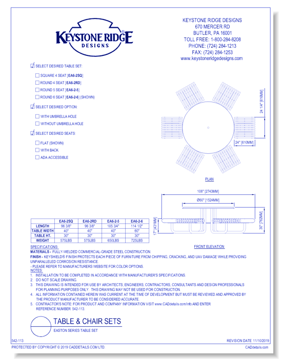Easton Series Table Set - Keystone Ridge Designs - CADdetails